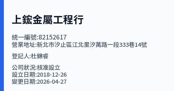 上鋐金屬工程行的照片-統編 82152617(新北市) 公司登記資料與營業項目詳細圖表