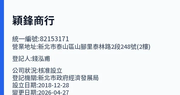 穎鋒商行的照片-統編 82153171(新北市) 公司登記資料與營業項目詳細圖表