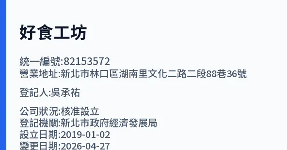 好食工坊的照片-統編 82153572(新北市) 公司登記資料與營業項目詳細圖表