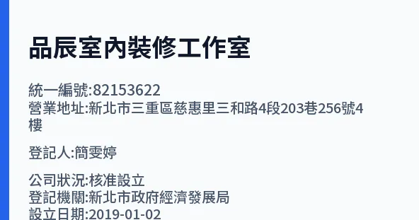 品辰室內裝修工作室的照片-統編 82153622(新北市) 公司登記資料與營業項目詳細圖表