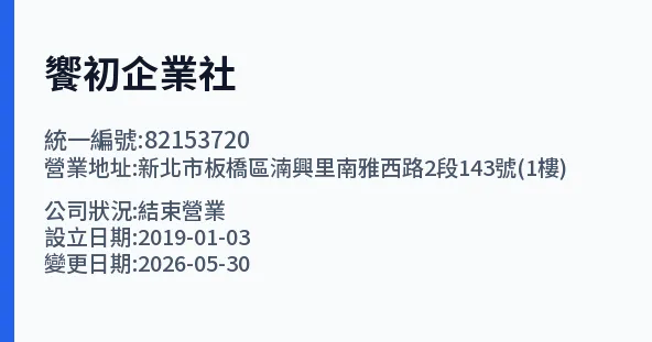 饗初企業社的照片-統編 82153720(新北市) 公司登記資料與營業項目詳細圖表