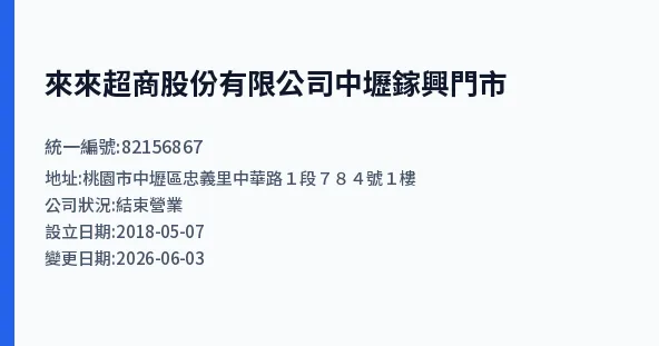 來來超商股份有限公司中壢鎵興門市的照片-統編 82156867(桃園市) 公司登記資料與營業項目詳細圖表
