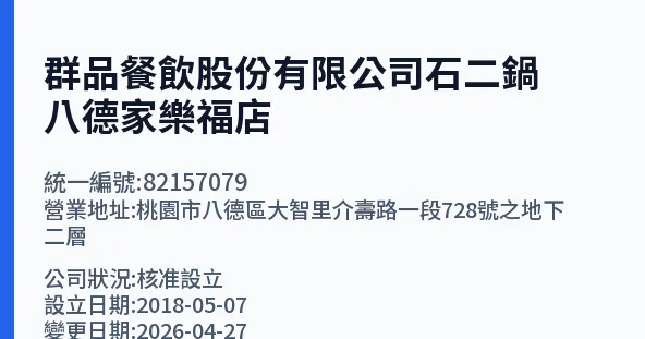 群品餐飲股份有限公司石二鍋八德家樂福店的照片-統編 82157079(桃園市) 公司登記資料與營業項目詳細圖表