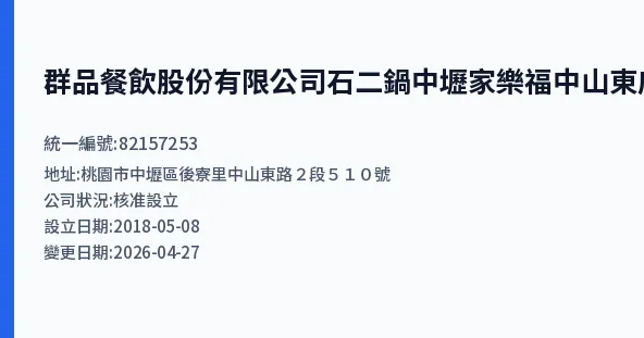 群品餐飲股份有限公司石二鍋中壢家樂福中山東店的照片-統編 82157253(桃園市) 公司登記資料與營業項目詳細圖表