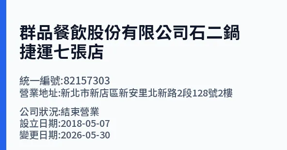 群品餐飲股份有限公司石二鍋捷運七張店的照片-統編 82157303(新北市) 公司登記資料與營業項目詳細圖表