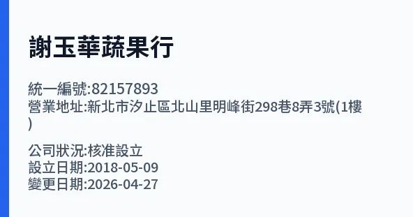 謝玉華蔬果行的照片-統編 82157893(新北市) 公司登記資料與營業項目詳細圖表