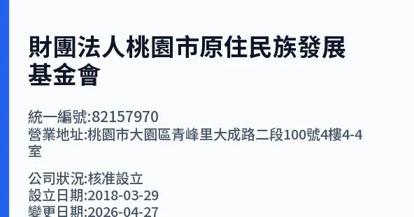 財團法人桃園市原住民族發展基金會的照片-統編 82157970(桃園市) 公司登記資料與營業項目詳細圖表