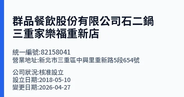 群品餐飲股份有限公司石二鍋三重家樂福重新店的照片-統編 82158041(新北市) 公司登記資料與營業項目詳細圖表