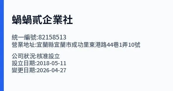 蝸蝸貳企業社的照片-統編 82158513(宜蘭縣) 公司登記資料與營業項目詳細圖表