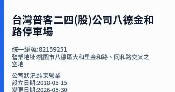 台灣普客二四(股)公司八德金和路停車場的照片-統編 82159251(桃園市) 公司登記資料與營業項目詳細圖表