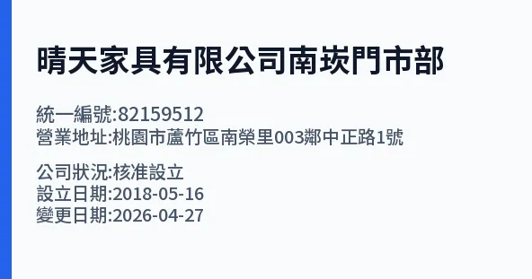 晴天家具有限公司南崁門市部的照片-統編 82159512(桃園市) 公司登記資料與營業項目詳細圖表