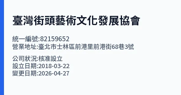 臺灣街頭藝術文化發展協會的照片-統編 82159652(臺北市) 公司登記資料與營業項目詳細圖表