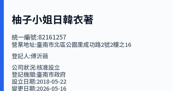 柚子小姐日韓衣著的照片-統編 82161257(臺南市) 公司登記資料與營業項目詳細圖表