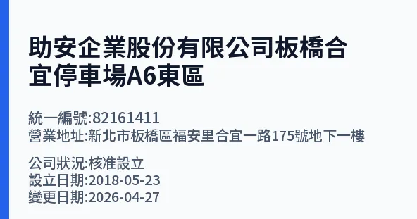 助安企業股份有限公司板橋合宜停車場A6東區的照片-統編 82161411(新北市) 公司登記資料與營業項目詳細圖表