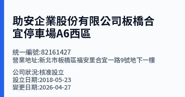 助安企業股份有限公司板橋合宜停車場A6西區的照片-統編 82161427(新北市) 公司登記資料與營業項目詳細圖表