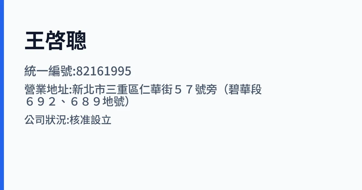王啓聰 - 統編 82161995(新北市) 公司登記資料與營業項目詳細圖表