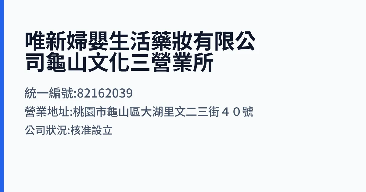 唯新婦嬰生活藥妝有限公司龜山文化三營業所 - 統編 82162039(桃園市) 公司登記資料與營業項目詳細圖表