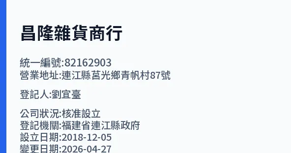 昌隆雜貨商行的照片-統編 82162903(連江縣) 公司登記資料與營業項目詳細圖表