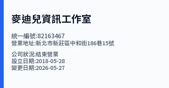麥迪兒資訊工作室的照片-統編 82163467(新北市) 公司登記資料與營業項目詳細圖表
