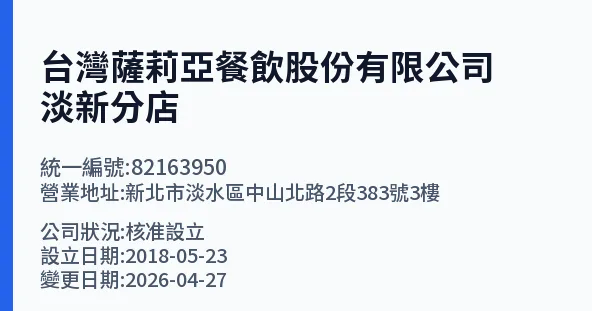 台灣薩莉亞餐飲股份有限公司淡新分店的照片-統編 82163950(新北市) 公司登記資料與營業項目詳細圖表