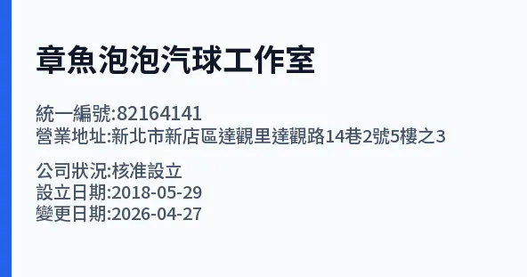 章魚泡泡汽球工作室的照片-統編 82164141(新北市) 公司登記資料與營業項目詳細圖表