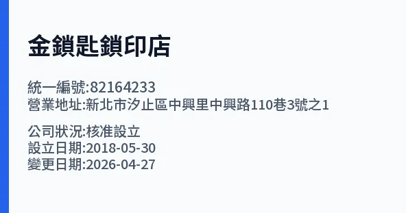 金鎖匙鎖印店的照片-統編 82164233(新北市) 公司登記資料與營業項目詳細圖表