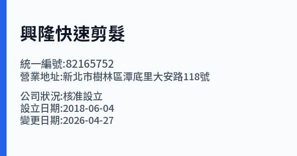 興隆快速剪髮的照片-統編 82165752(新北市) 公司登記資料與營業項目詳細圖表
