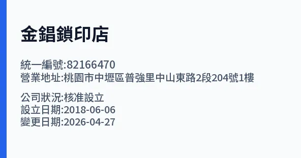 金錩鎖印店的照片-統編 82166470(桃園市) 公司登記資料與營業項目詳細圖表