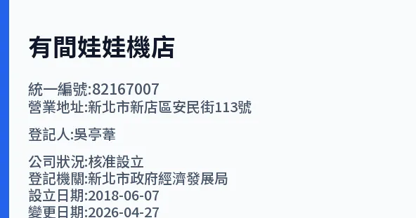 有間娃娃機店的照片-統編 82167007(新北市) 公司登記資料與營業項目詳細圖表
