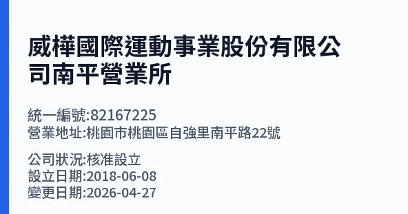 威樺國際運動事業股份有限公司南平營業所的照片-統編 82167225(桃園市) 公司登記資料與營業項目詳細圖表