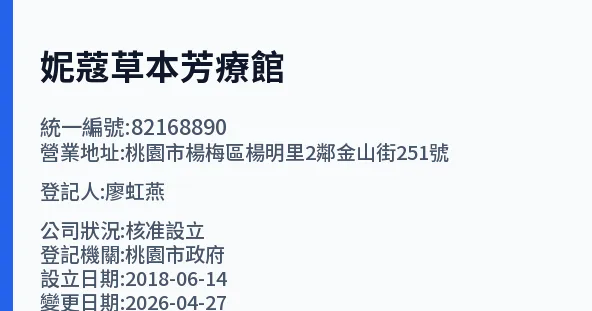 妮蔻草本芳療館的照片-統編 82168890(桃園市) 公司登記資料與營業項目詳細圖表