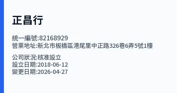 正昌行的照片-統編 82168929(新北市) 公司登記資料與營業項目詳細圖表