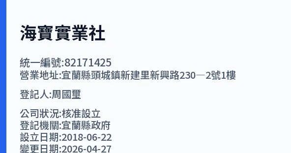 海寶實業社的照片-統編 82171425(宜蘭縣) 公司登記資料與營業項目詳細圖表