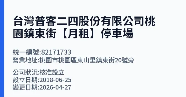 台灣普客二四股份有限公司桃園鎮東街【月租】停車場的照片-統編 82171733(桃園市) 公司登記資料與營業項目詳細圖表