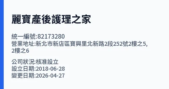 麗寶產後護理之家的照片-統編 82173280(新北市) 公司登記資料與營業項目詳細圖表