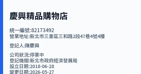 慶興精品購物店的照片-統編 82173492(新北市) 公司登記資料與營業項目詳細圖表