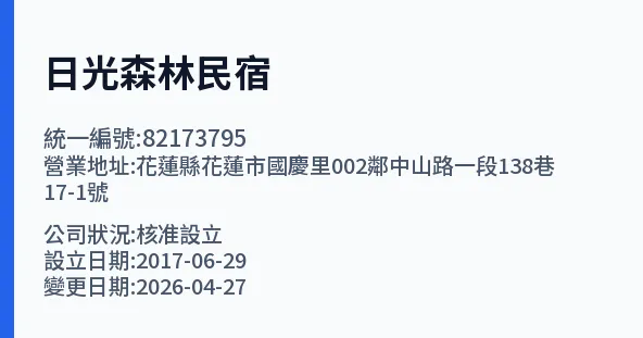 日光森林民宿的照片-統編 82173795(花蓮縣) 公司登記資料與營業項目詳細圖表