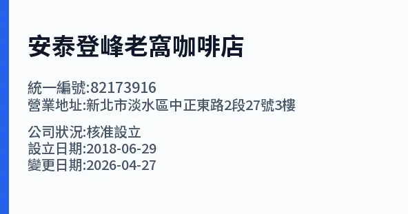 安泰登峰老窩咖啡店的照片-統編 82173916(新北市) 公司登記資料與營業項目詳細圖表