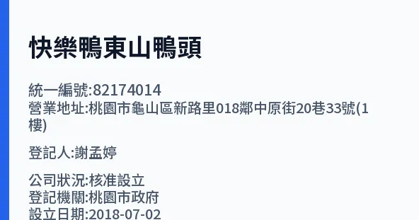 快樂鴨東山鴨頭的照片-統編 82174014(桃園市) 公司登記資料與營業項目詳細圖表