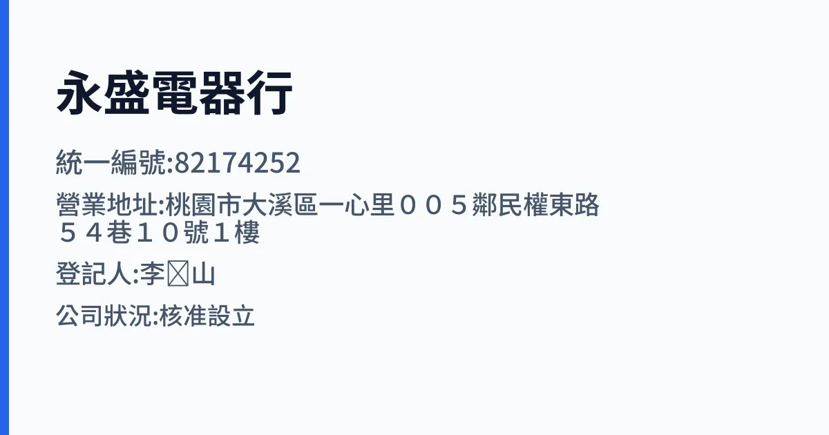 永盛電器行 - 統編 82174252(桃園市) 公司登記資料與營業項目詳細圖表