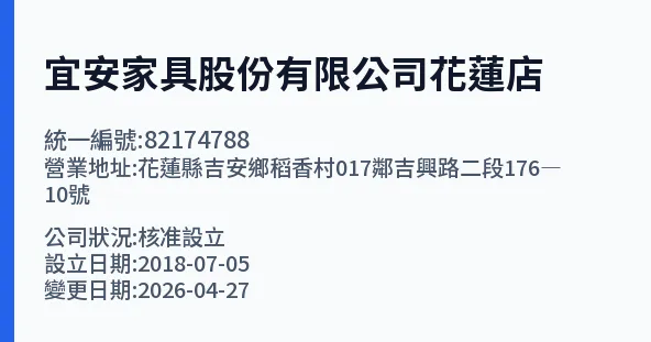 宜安家具股份有限公司花蓮店的照片-統編 82174788(花蓮縣) 公司登記資料與營業項目詳細圖表