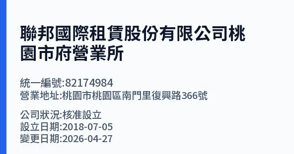 聯邦國際租賃股份有限公司桃園市府營業所的照片-統編 82174984(桃園市) 公司登記資料與營業項目詳細圖表