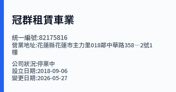 冠群租賃車業的照片-統編 82175816(花蓮縣) 公司登記資料與營業項目詳細圖表
