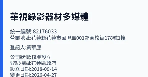 華視錄影器材多媒體的照片-統編 82176033(花蓮縣) 公司登記資料與營業項目詳細圖表