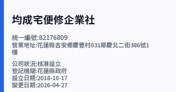 均成宅便修企業社的照片-統編 82176809(花蓮縣) 公司登記資料與營業項目詳細圖表