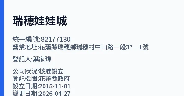 瑞穗娃娃城的照片-統編 82177130(花蓮縣) 公司登記資料與營業項目詳細圖表