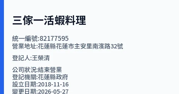 三傢一活蝦料理的照片-統編 82177595(花蓮縣) 公司登記資料與營業項目詳細圖表