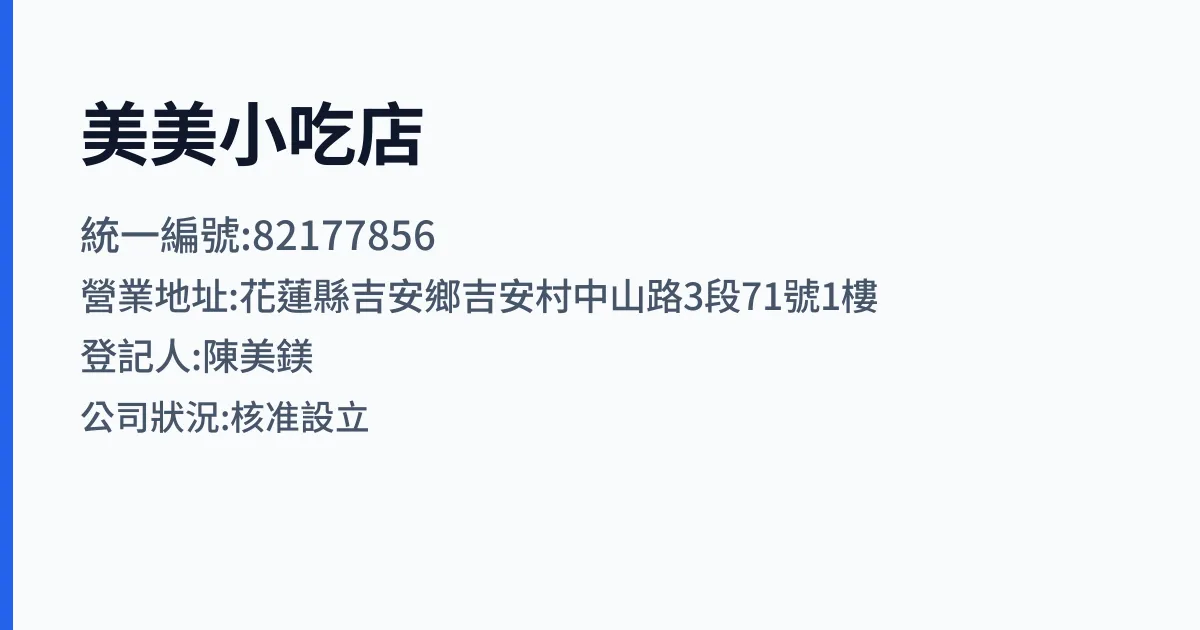 美美小吃店 - 統編 82177856(花蓮縣) 公司登記資料與營業項目詳細圖表