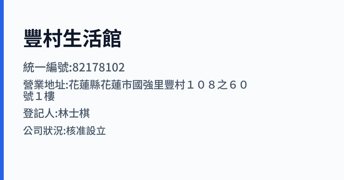 豐村生活館 - 統編 82178102(花蓮縣) 公司登記資料與營業項目詳細圖表