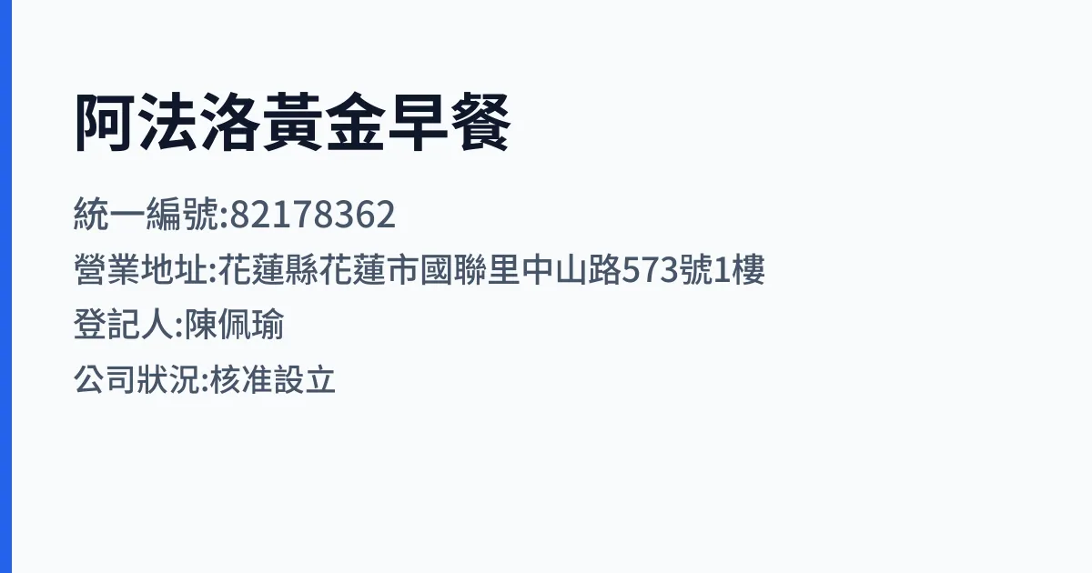 阿法洛黃金早餐 - 統編 82178362(花蓮縣) 公司登記資料與營業項目詳細圖表